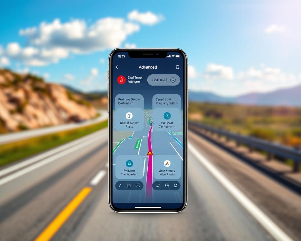 A modern mobile navigation app interface displayed prominently on a ...
