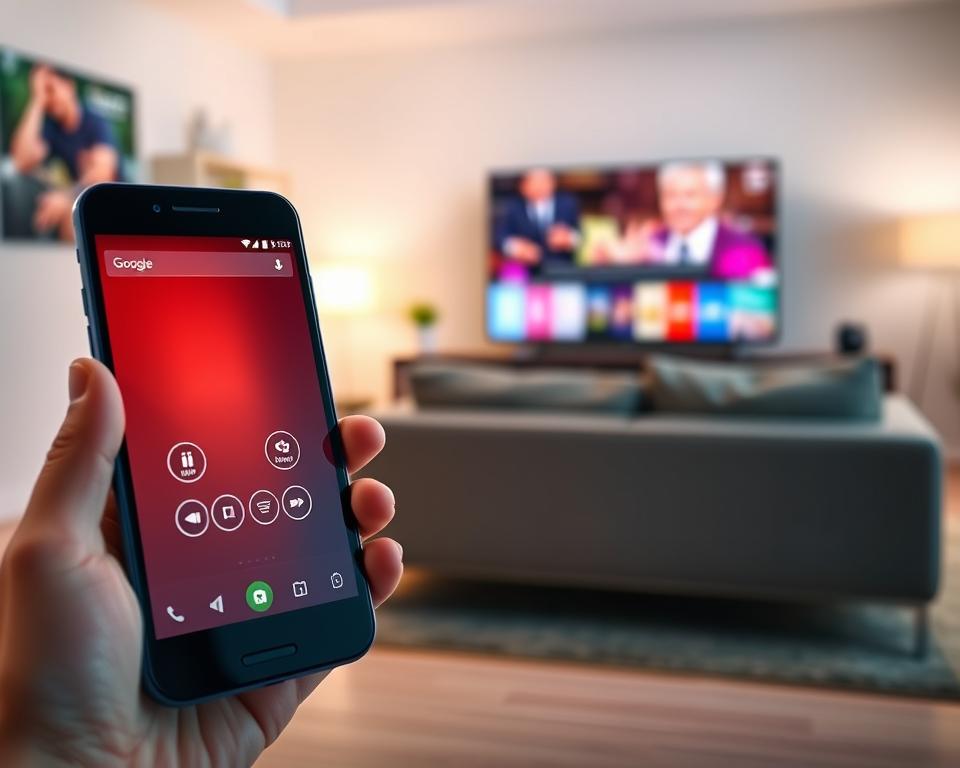A sleek, modern smartphone displaying the Google TV app interface ...
